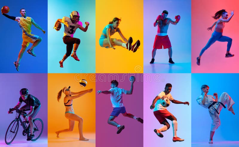 Collage. Dynamic Image of Different People, Athletes of Diverse Kind of ...