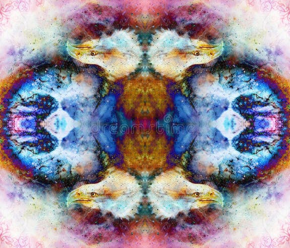 Collage with Eagle Head and Ornaments on Multicolor Abstract Background ...