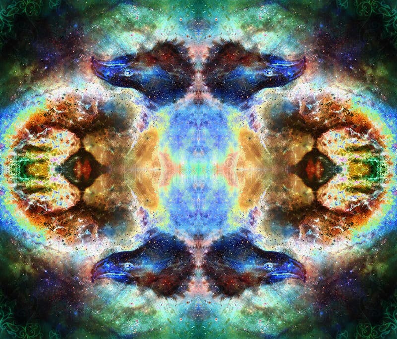 Collage with Eagle Head and Ornaments on Multicolor Abstract Background ...