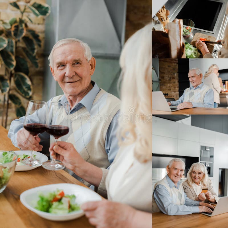 Collage with Elderly Couple Cooking, Having Stock Photo - Image of ...