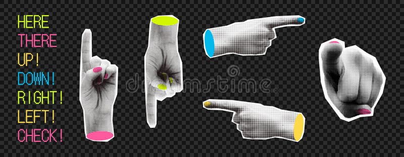 Collage Element Pointing Hands and Pixel Text Vector Illustration Stock ...