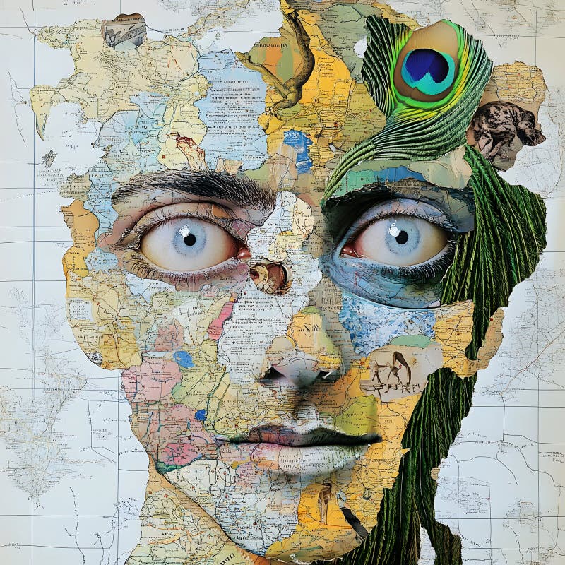 Collage Face Map Peacock Feather Stock Illustration - Illustration of ...