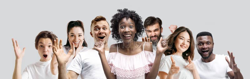 The Collage of Faces of Surprised People on White Backgrounds. Stock ...