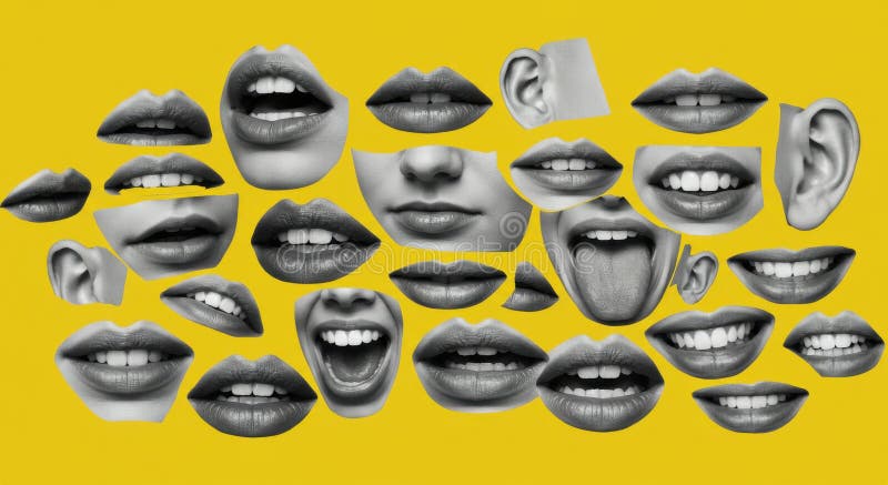 Collage of Facial Features with Lips and Eyes on Yellow Background for ...
