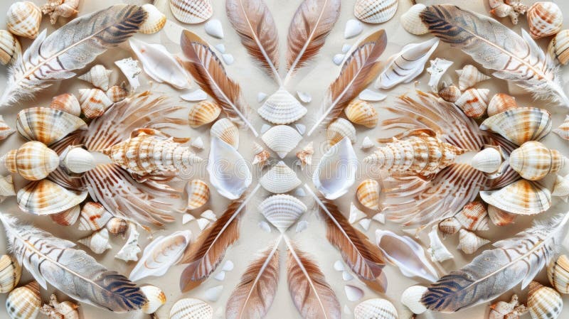 A Collage of Feathers and Seashells Arranged in a Symmetrical Pattern ...