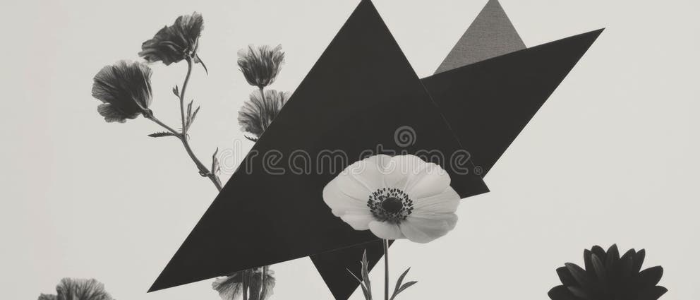 Minimalist Collage Showcasing Geometric Triangles and Floral Elements ...