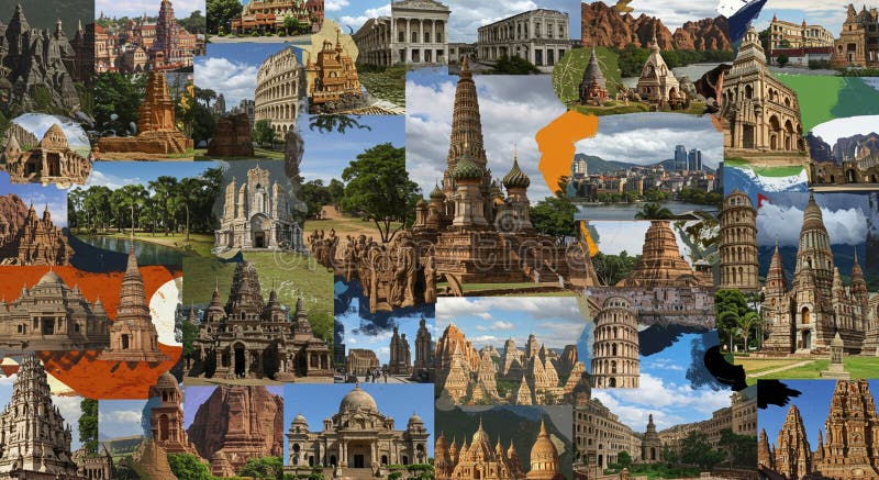 A Collage Featuring Architectural Landmarks from Various Cultures and ...