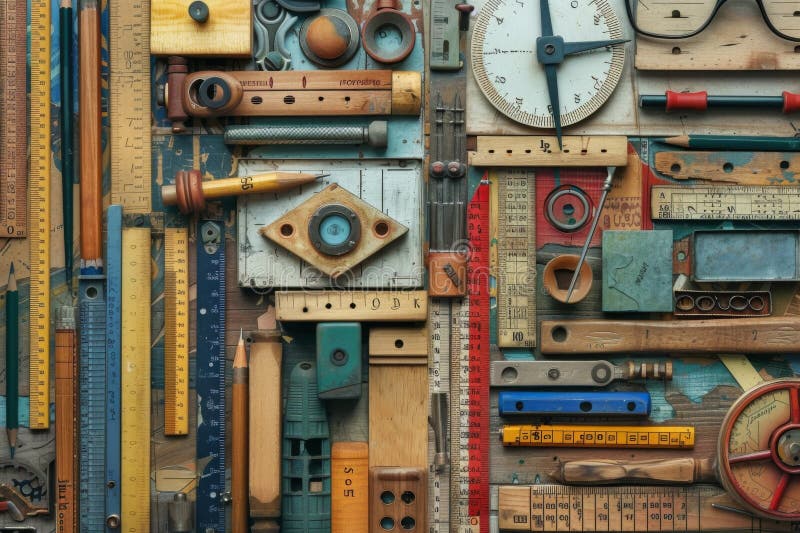A Collage Featuring a Clock, Ruler, and Other Objects Made of Metal and ...