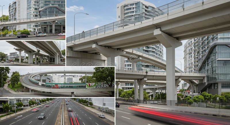Collage Featuring Multiple Views of an Urban Overpass Infrastructure ...