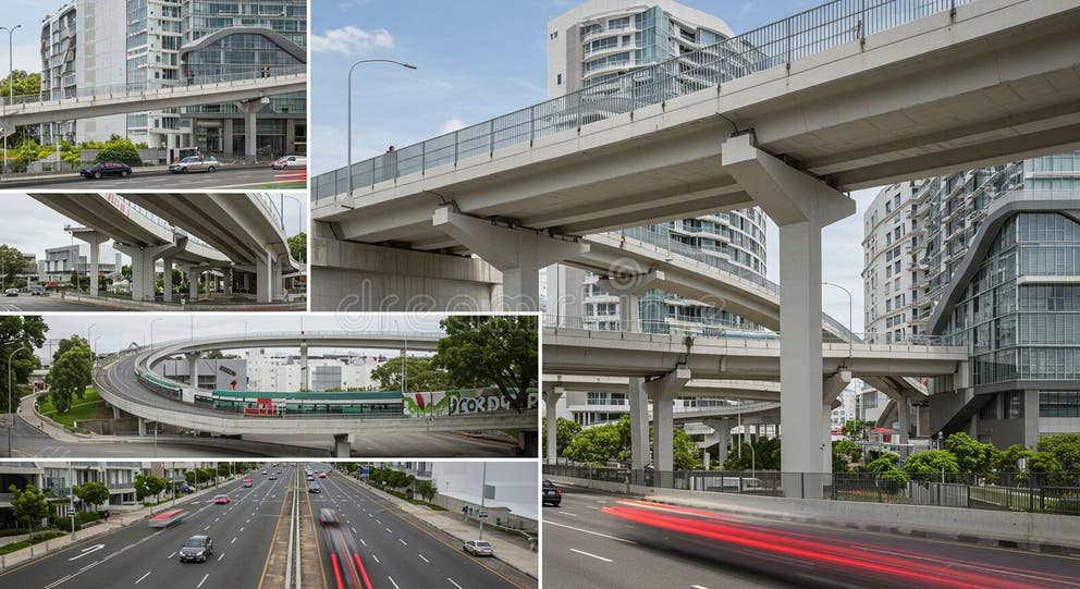 Collage Featuring Multiple Views of an Urban Overpass Infrastructure ...