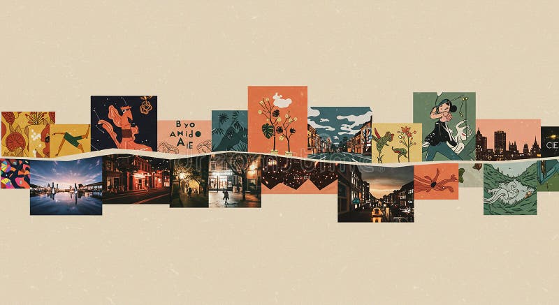 A Collage Featuring Various Rectangular Images Arranged Horizontally ...