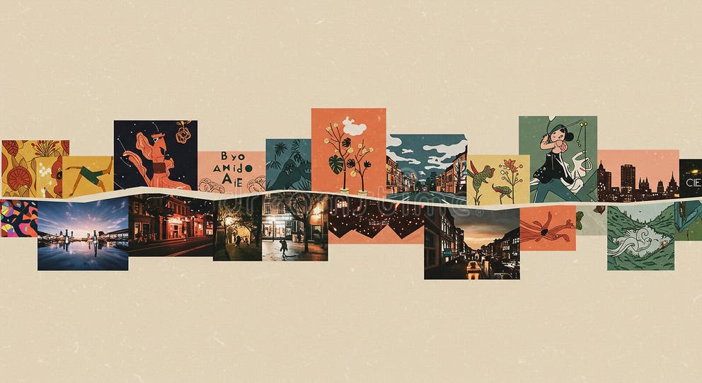 A Collage Featuring Various Rectangular Images Arranged Horizontally ...