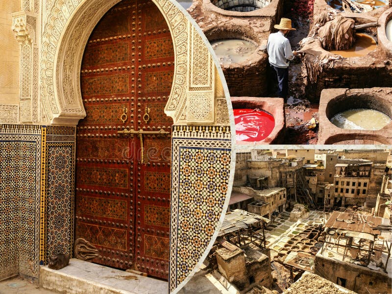 Collage of Fes Traditional Processing Leather Tannery in Morocco Stock ...