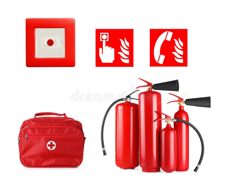 Collage with Fire Extinguishers and Other Firefighting Equipment on ...