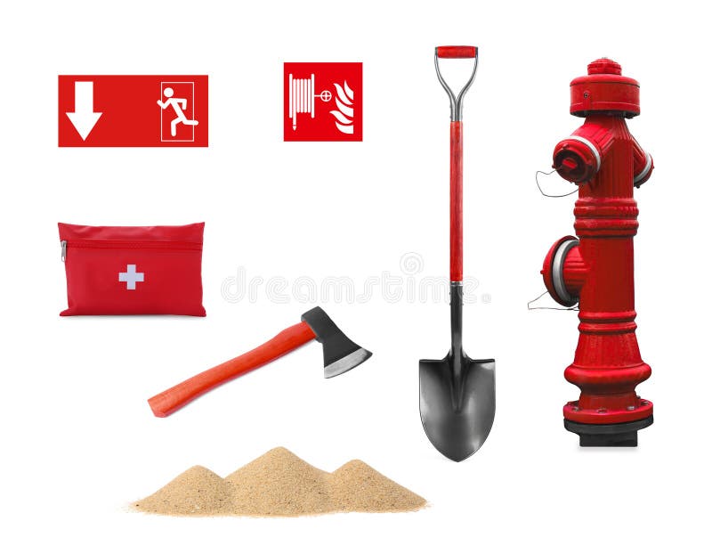 Collage with Fire Hydrant and Other Firefighting Equipment on White ...