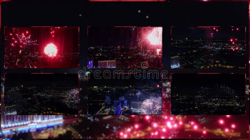 Collage with Fireworks Explodes Above Illuminated Stock Video - Video ...