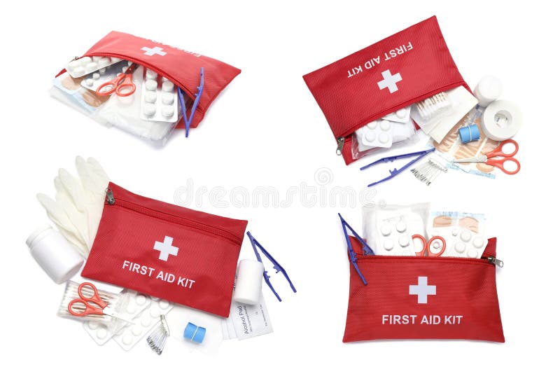Collage with First Aid Kit on White Background, Top and Side Views ...