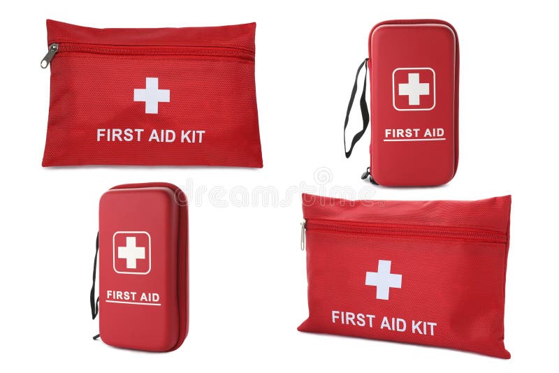 Collage with First Aid Kit on White Background, Top and Side Views ...