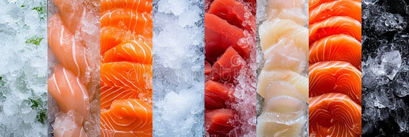 Collage of Fish Products Divided with White Vertical Lines Bright White ...