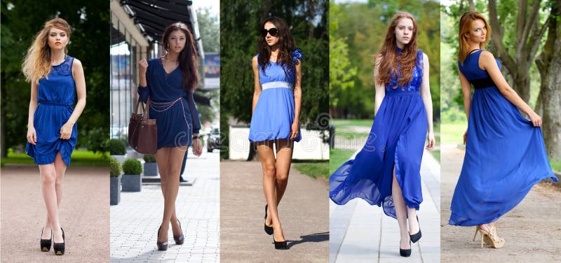 Collage of Five Beautiful Models in Blue Dress Stock Photo - Image of ...