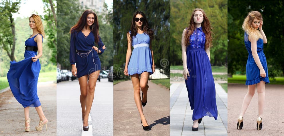 Collage of Five Beautiful Models in Blue Dress Stock Image - Image of ...