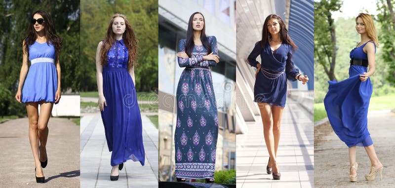 Collage of Five Beautiful Models in Blue Dress Stock Photo - Image of ...