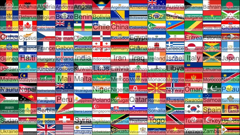 Collage of the Flags of the Nations in a Grid with the Names of the Individual Countries Stock ...
