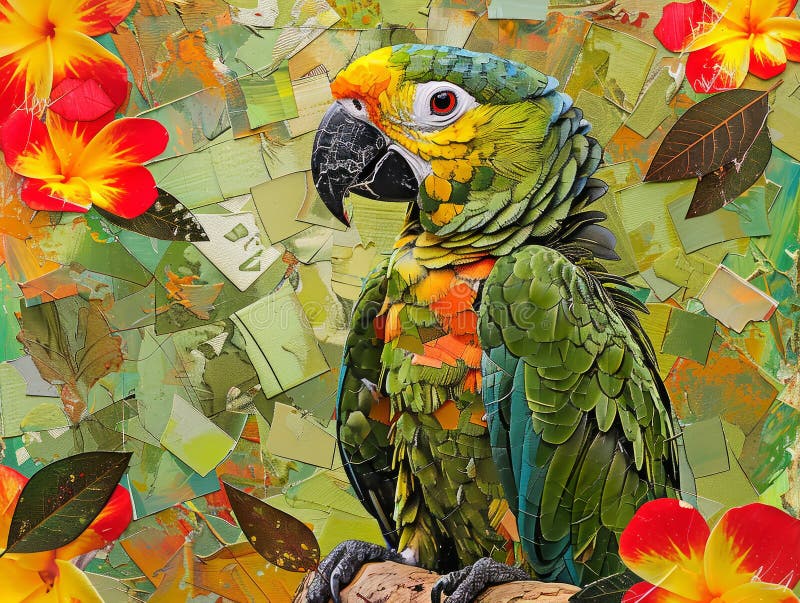 Collage of Flowers and Leaves and Retro Style Parrots for Striking ...