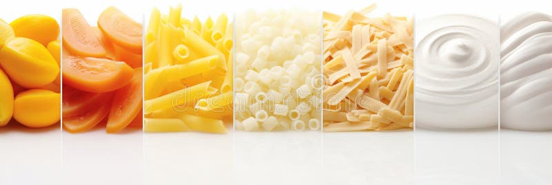Collage of Food Products Divided with White Vertical Lines Bright White ...