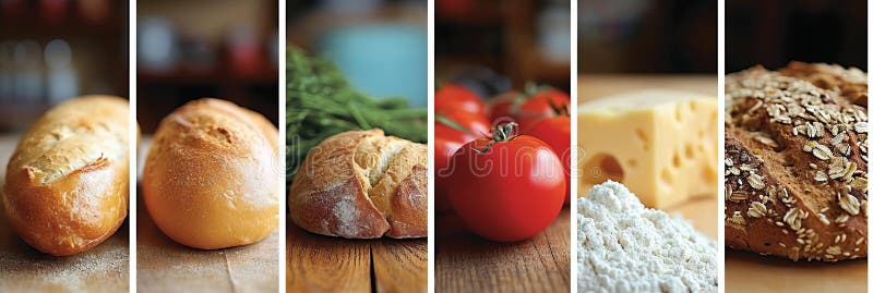 Collage of Food Products Divided by White Vertical Lines, Bright White ...