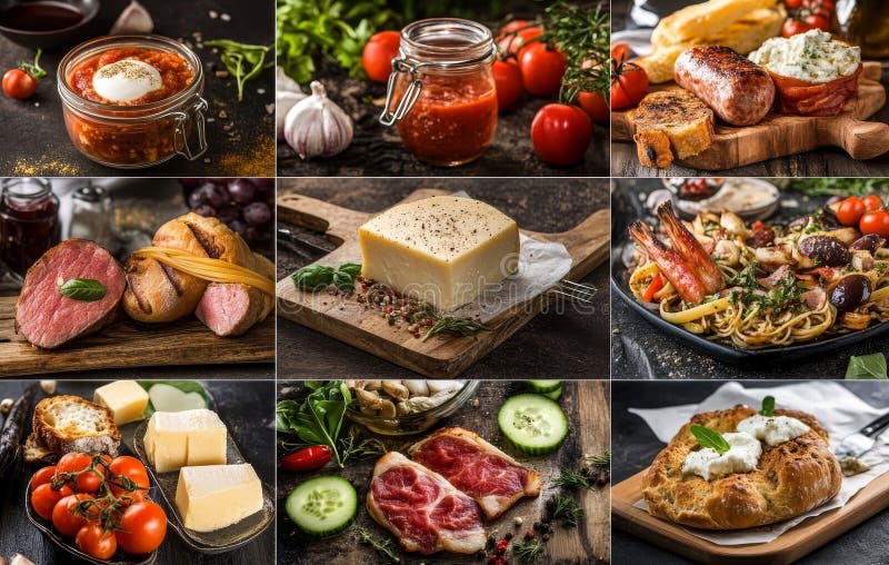 Collage of Food with Tomato, Cheese, Meat, Bread, and Vegetables Stock ...