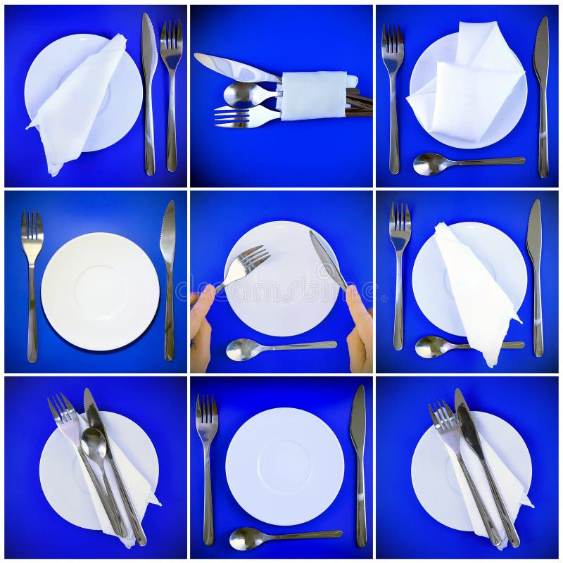 Collage of Forks,knifes, Plates, Spoons on Blue. Stock Photo - Image of ...