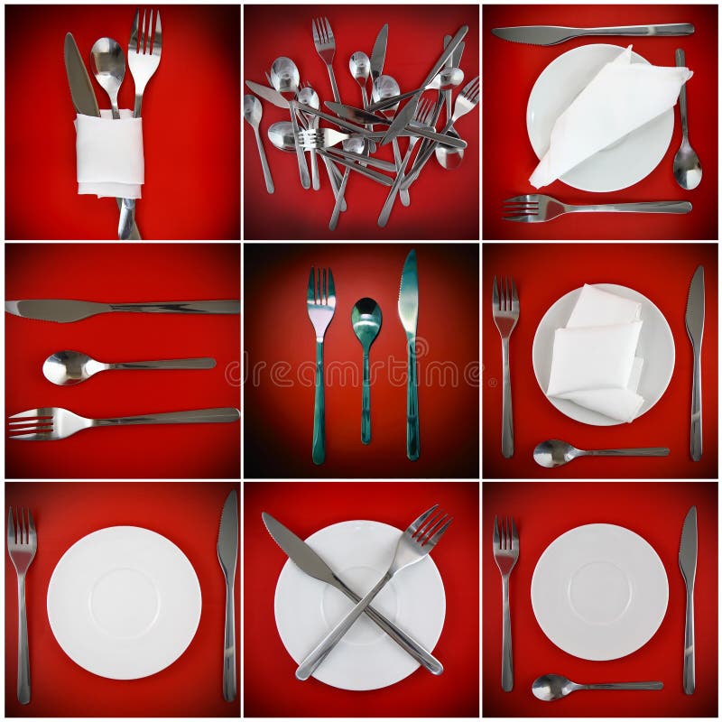 Collage of Forks,knifes,spoons on Red Background. Stock Image - Image ...