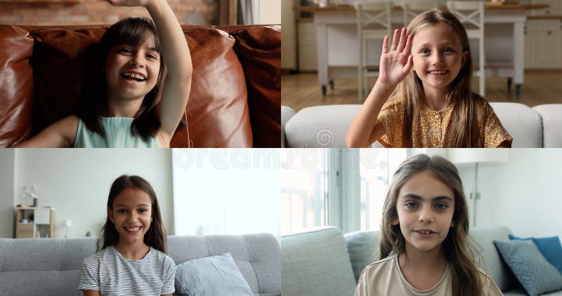 Collage of Four Cute Multiethnic Girls Make Videocall at Home Stock ...