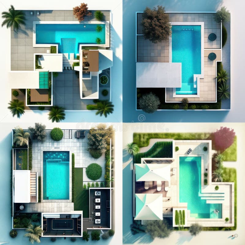 Collage of Four Empty Swimming Pools on a Villa in the Summer, without ...