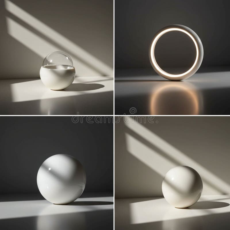 Collage of Four Minimalist Images Featuring Spherical Objects. Upper ...