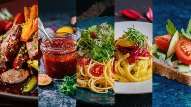 A Collage of Four Pictures Showing Different Types of Food, AI Stock ...