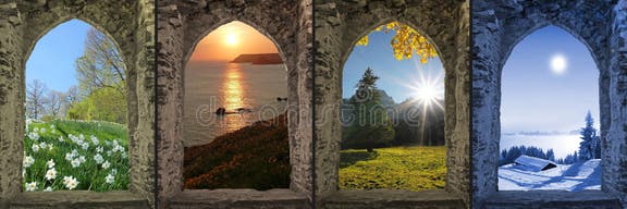 Collage Four Seasons - View through Arched Castle Window Stock Photo ...