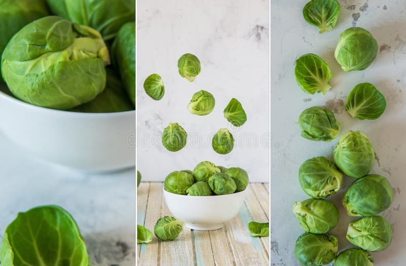 Collage with Fresh Brussels Sprouts, Raw Organic Vegetable. Stock Image ...