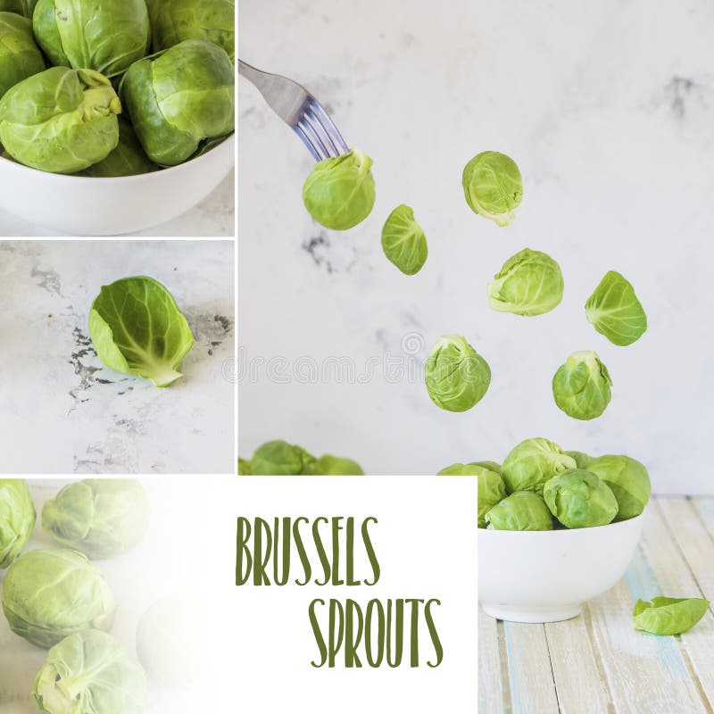 Collage with Fresh Brussels Sprouts with Text Stock Photo - Image of ...