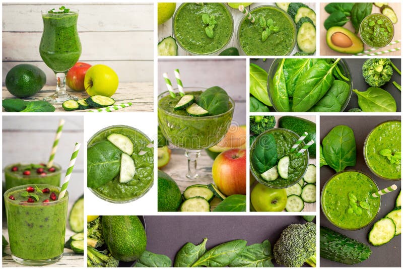 Collage of Fresh Organic Green Smoothie with Ingredients Stock Image ...