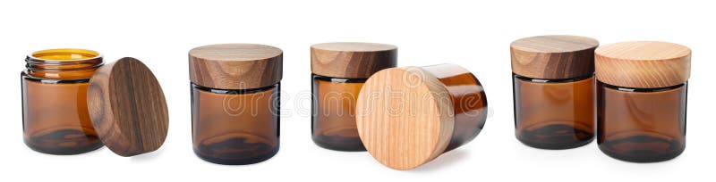 Collage of Glass Jars with Wooden Lids Isolated on White Stock Photo ...