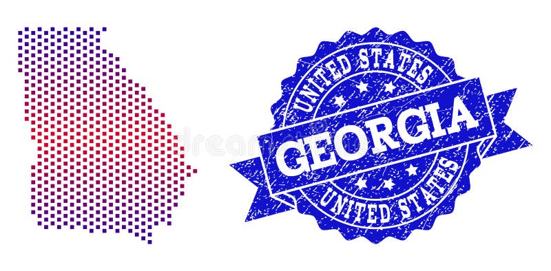 Collage of Gradiented Dotted Map of Georgia State and Grunged Stamp ...