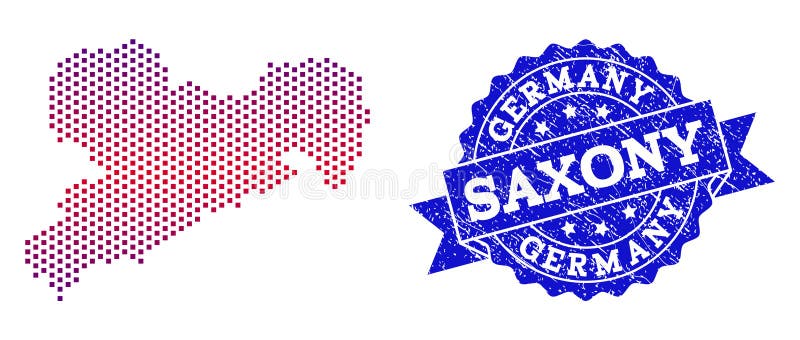 Collage of Gradiented Dotted Map of Saxony State and Grunged Stamp ...