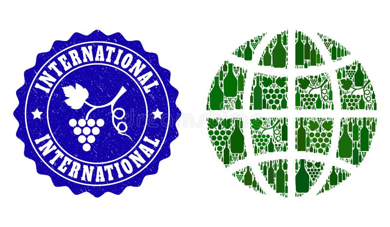 Collage of Grape Wine Global Map of World and Grape Grunge Stamp Stock ...