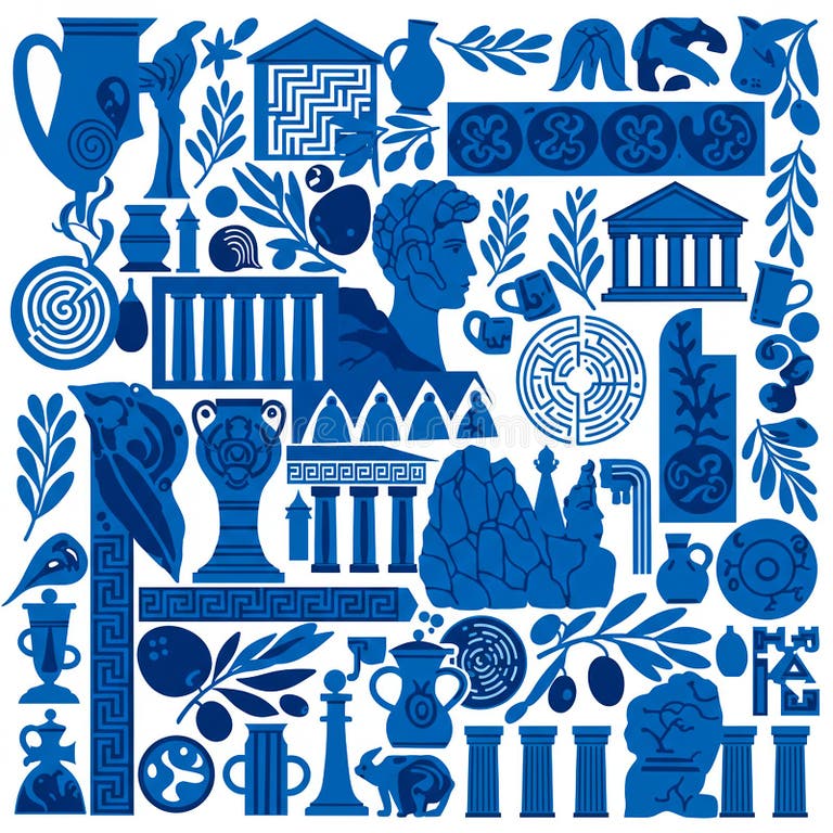 Collage of Greek Cultural Elements in Blue and White. Features Include ...