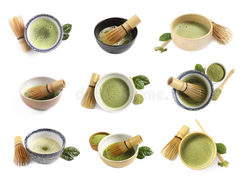 Collage with Green Matcha Tea in Bowls on White Background Stock ...
