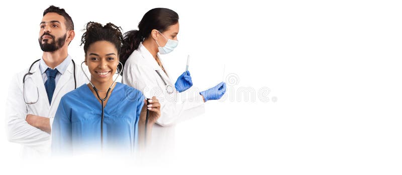 Collage with Group of Doctors in Uniform Standing Isolated Over White ...