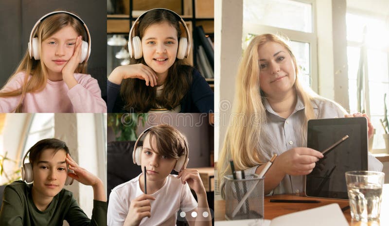 Collage. Group of Kids, Students Studying by Group Video Call, Use ...