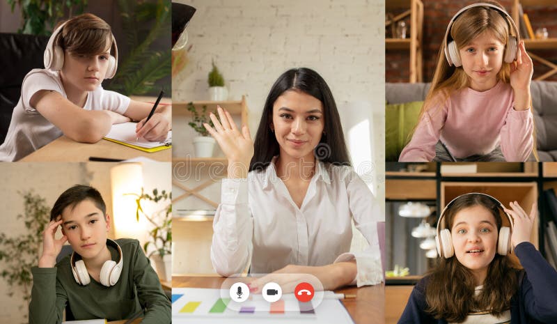 Collage. Group of Kids, Students Studying by Group Video Call, Use ...